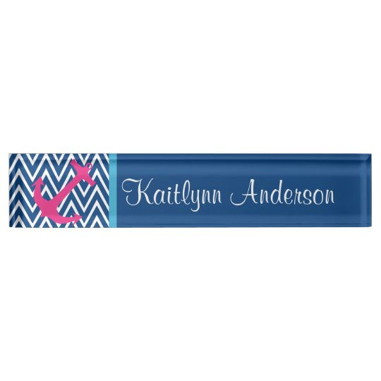 Modern Navy Chevron Pink Nautical Anchor Nameplate | Zazzle.com