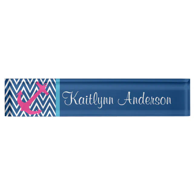 Modern Navy Chevron Pink Nautical Anchor Nameplate | Zazzle
