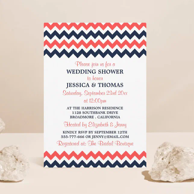 Modern Navy & Coral Chevron Wedding Shower Invitation | Zazzle
