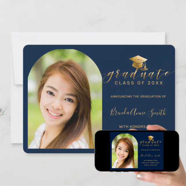 Modern Navy Gold Cap Script Arch Photo Graduation Announcement | Zazzle