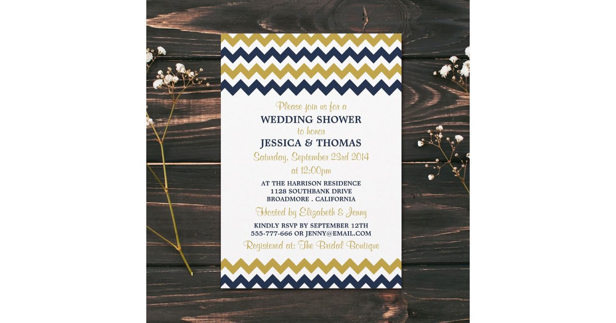 Modern Navy & Gold Chevron Wedding Shower Invitation | Zazzle