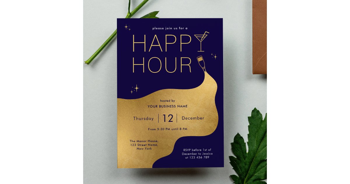 Modern Navy & Gold Company Networking Happy Hour Invitation | Zazzle