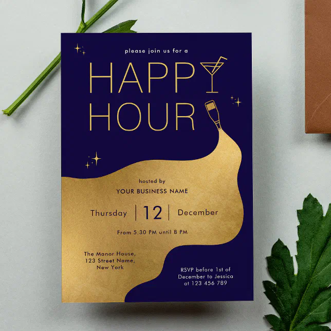 Modern Navy & Gold Company Networking Happy Hour Invitation | Zazzle