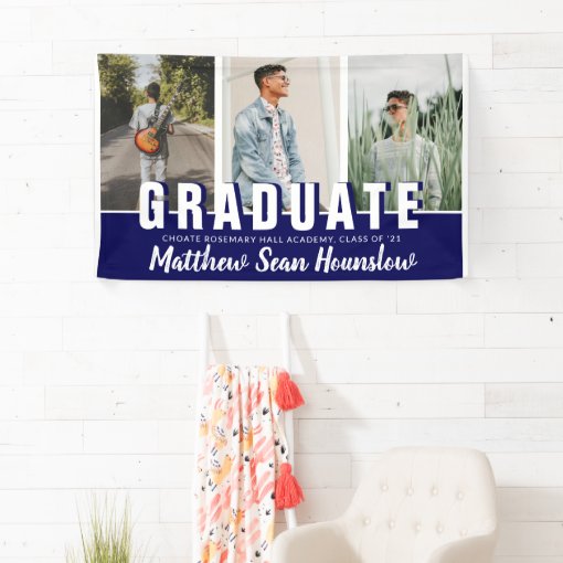 Modern Navy Graduate 3 Photo Collage Graduation Banner | Zazzle