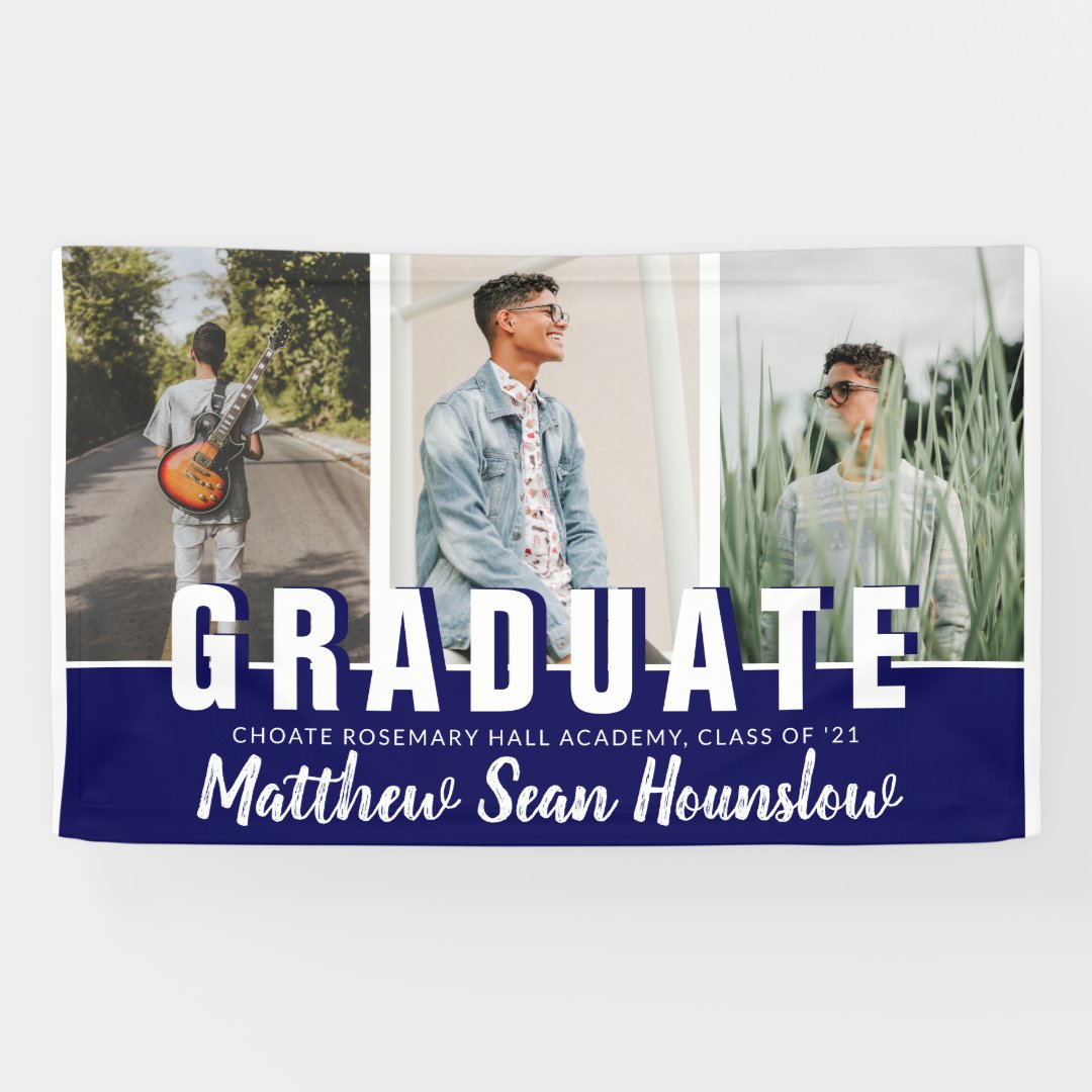 Modern Navy Graduate 3 Photo Collage Graduation Banner | Zazzle