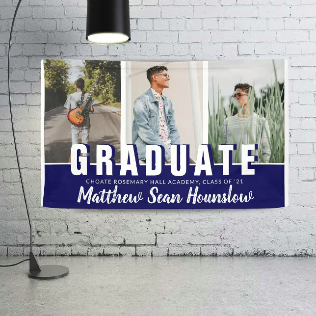 Modern Navy Graduate 3 Photo Collage Graduation Banner | Zazzle