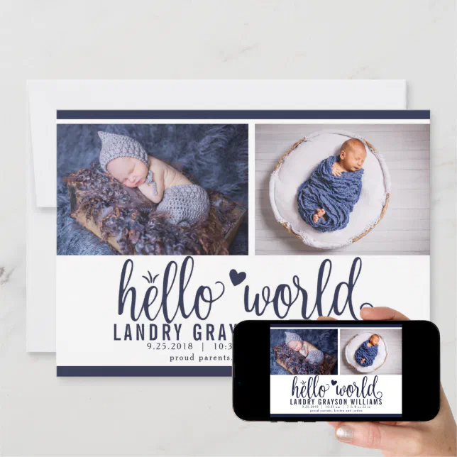 Modern Navy Hello World Photo Birth Stat Announcement | Zazzle