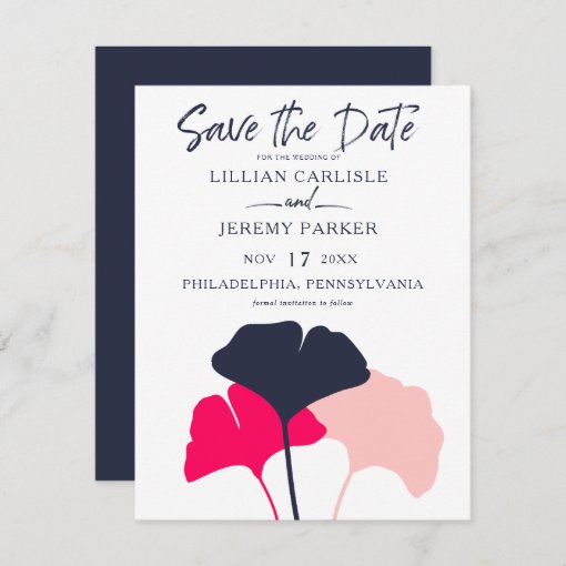 Modern Navy, Pink Ginkgo Leaves Save the Date, STD Invitation | Zazzle