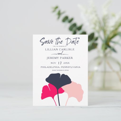 Modern Navy, Pink Ginkgo Leaves Save the Date, STD Invitation | Zazzle