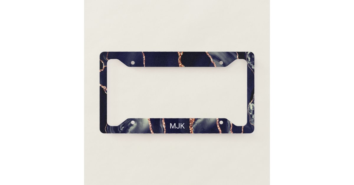 Modern Navy Rose Gold Agate Marble Monogram License Plate Frame | Zazzle