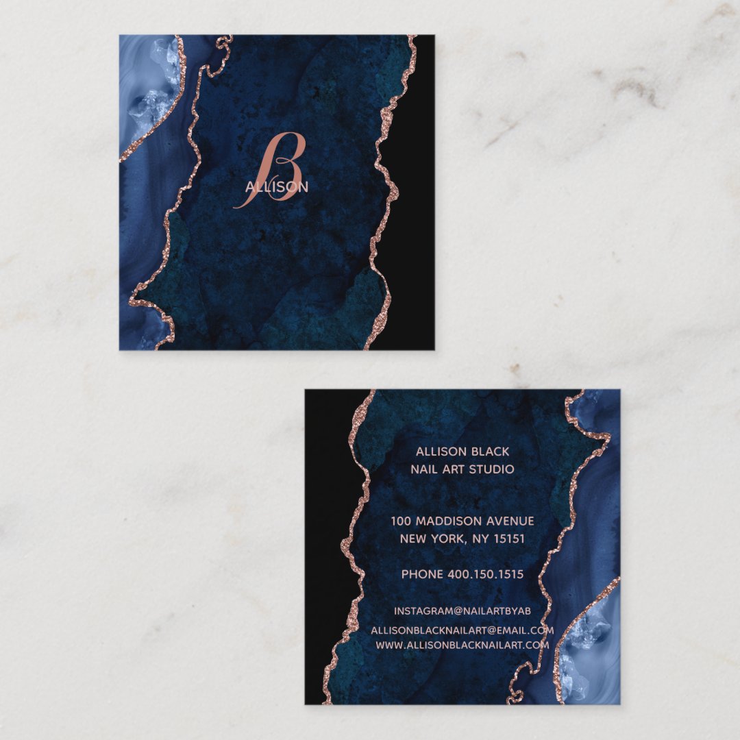 Modern Navy Rose Gold Agate Monogram Square Business Card | Zazzle