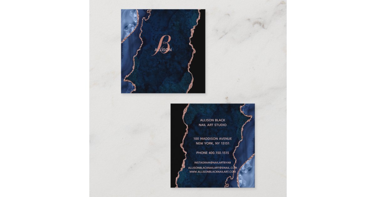 Modern Navy Rose Gold Agate Monogram Square Business Card | Zazzle