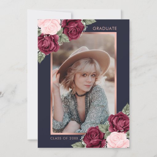 Modern Navy Rose Gold Burgundy Floral Graduation Announcement | Zazzle