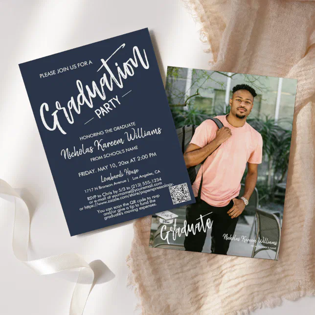 Modern Navy Script QR Code Photo Graduation Party Invitation | Zazzle