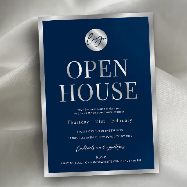 Modern Navy & Silver Business Logo Open House Invitation | Zazzle