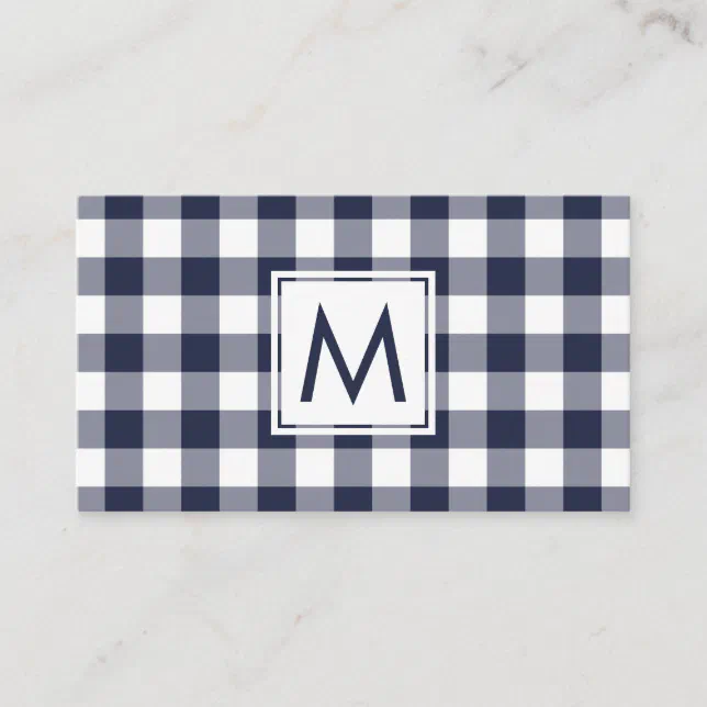 Modern Navy White Buffalo Plaid Pattern Monogram Business Card | Zazzle