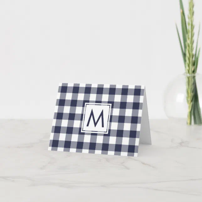 Modern Navy White Buffalo Plaid Pattern Monogram Note Card | Zazzle