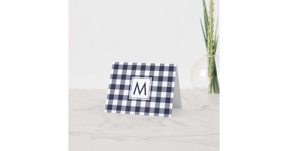 Modern Navy White Buffalo Plaid Pattern Monogram Note Card | Zazzle