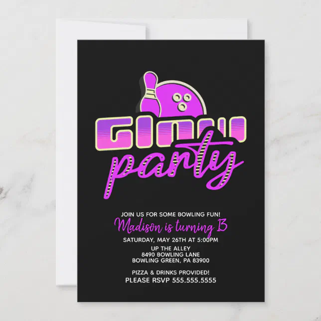 Modern Neon Bowling Party Bash Birthday Party Invitation | Zazzle