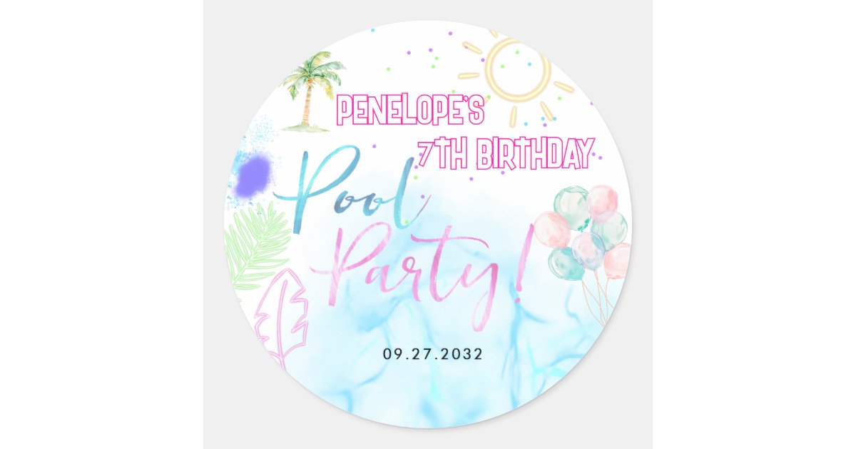 Modern Neon Glow Watercolor Pool Party Birthday Classic Round Sticker ...