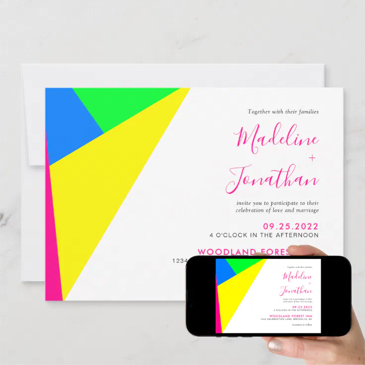 Modern Neon Pink Geometry Monogram Wedding Invitation | Zazzle