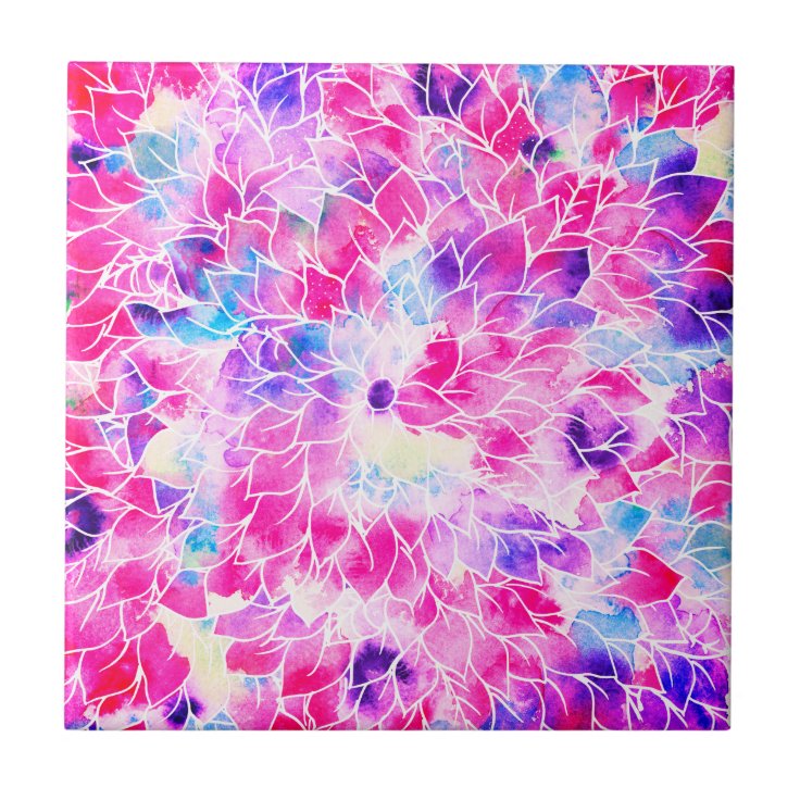 Modern neon pink teal lilac watercolor floral ceramic tile | Zazzle