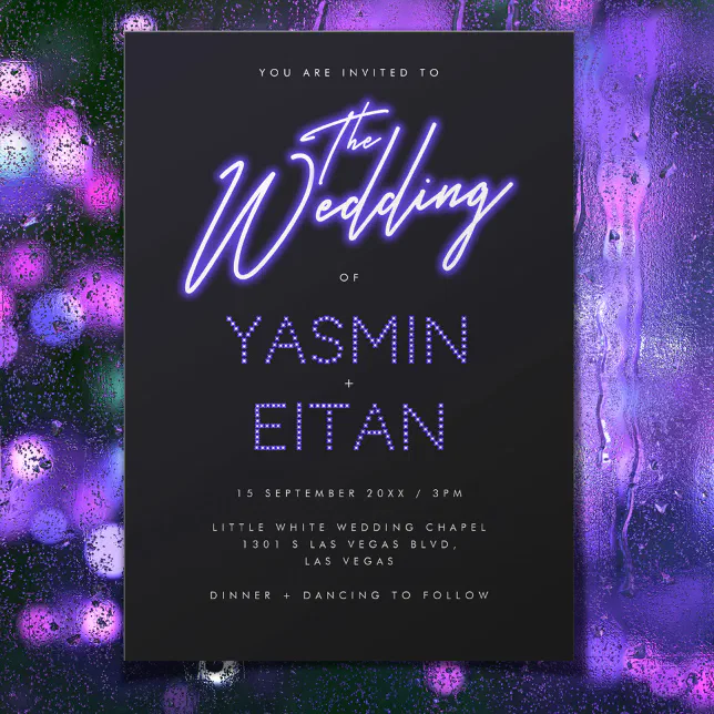 Modern Neon Purple Glow Black Wedding Invitation | Zazzle