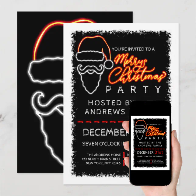 Modern Neon Red Lighted Santa Christmas Party Invitation | Zazzle