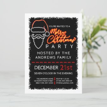 Modern Neon Red Lighted Santa Christmas Party Invitation | Zazzle