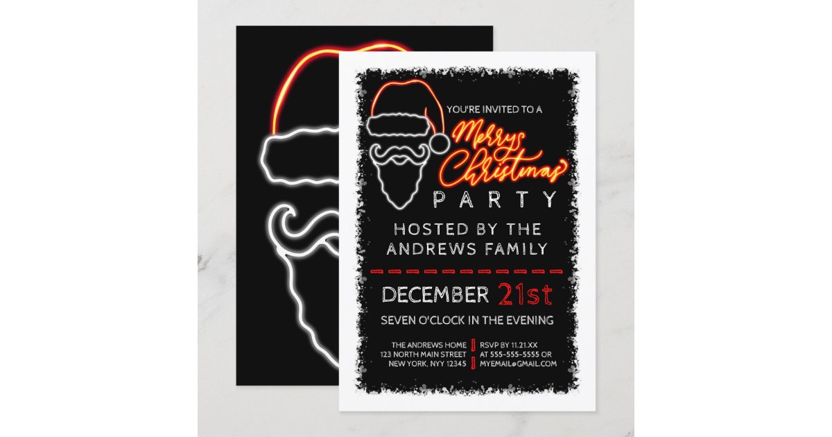 Modern Neon Red Lighted Santa Christmas Party Invitation | Zazzle