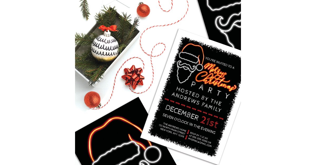 Modern Neon Red Lighted Santa Christmas Party Invitation | Zazzle