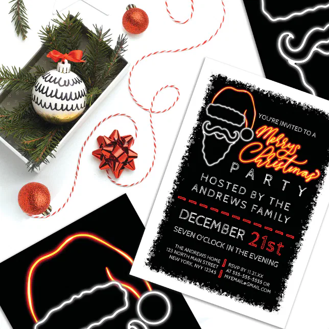 Modern Neon Red Lighted Santa Christmas Party Invitation | Zazzle