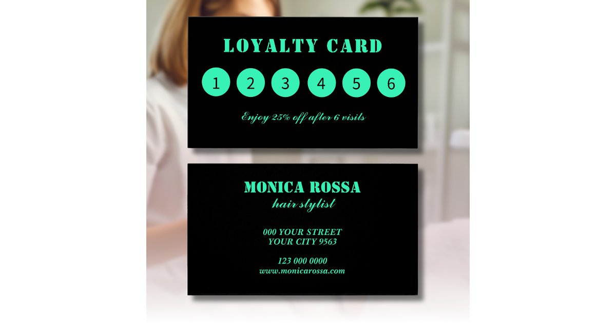 Modern Neon Teal Black Loyalty Cards | Zazzle
