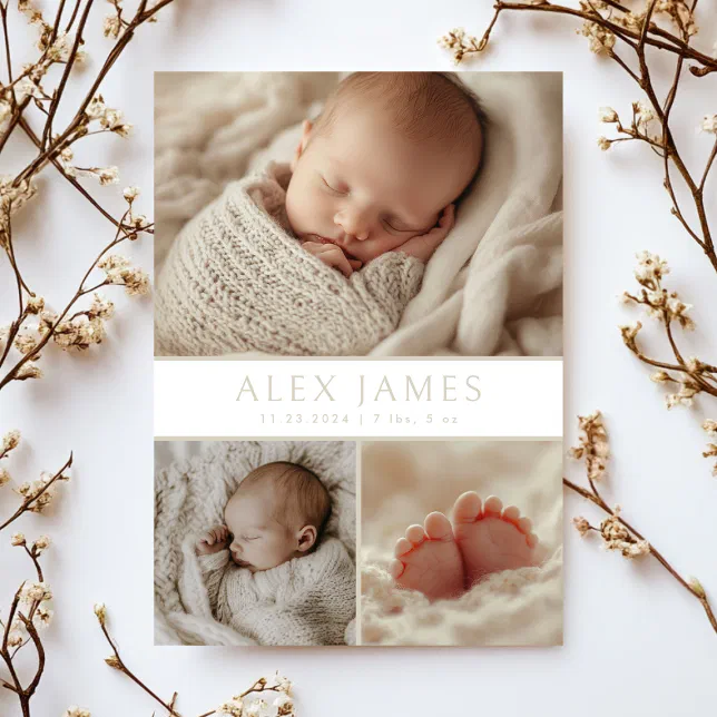 Modern Neutral Boho Photo Collage Baby Birth Announcement | Zazzle