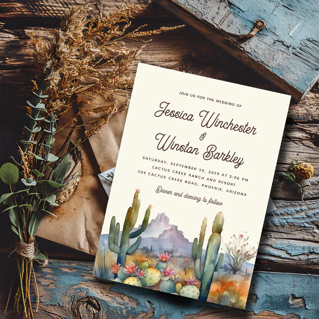 Modern Neutral Desert Cactus Landscape Wedding Invitation | Zazzle