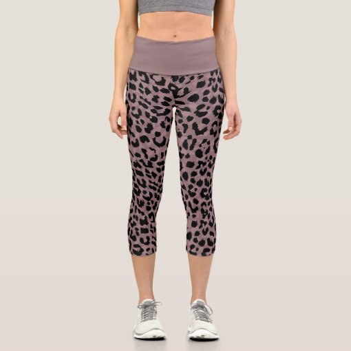Modern Neutral Rose and Black Leopard Print Capri Leggings | Zazzle