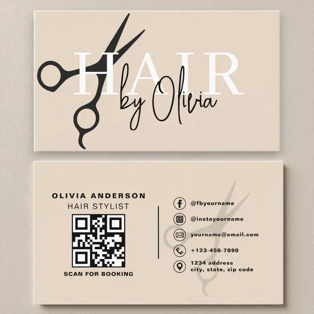 Modern Neutral Scissors QR Code Hair Stylist Business Card | Zazzle