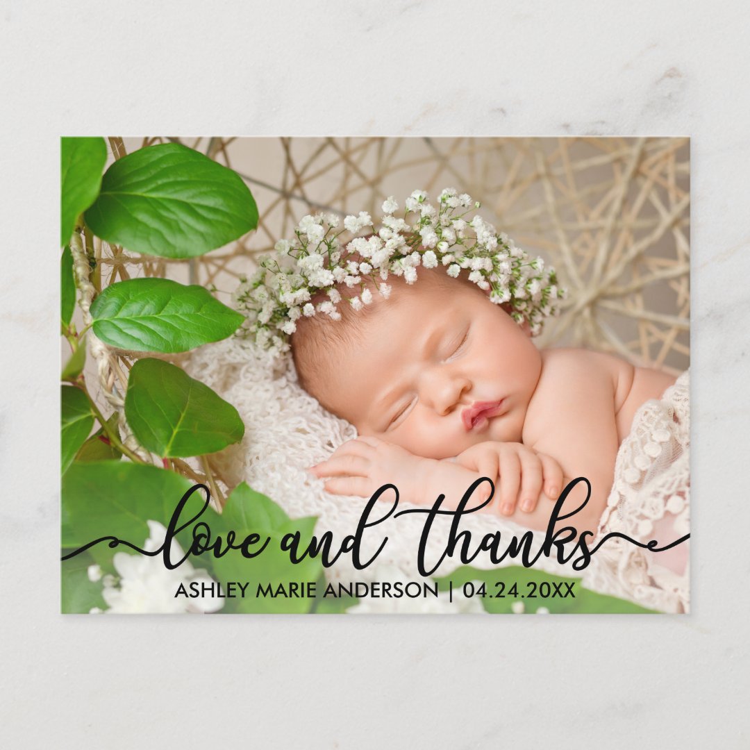 Modern New Baby Love and Thanks Photo Announcement Postcard | Zazzle