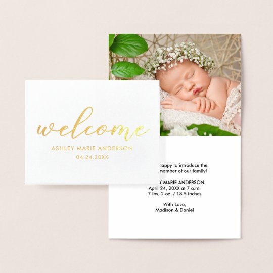 Modern New Baby Photo Welcome Gold Foil Note Card | Zazzle.com