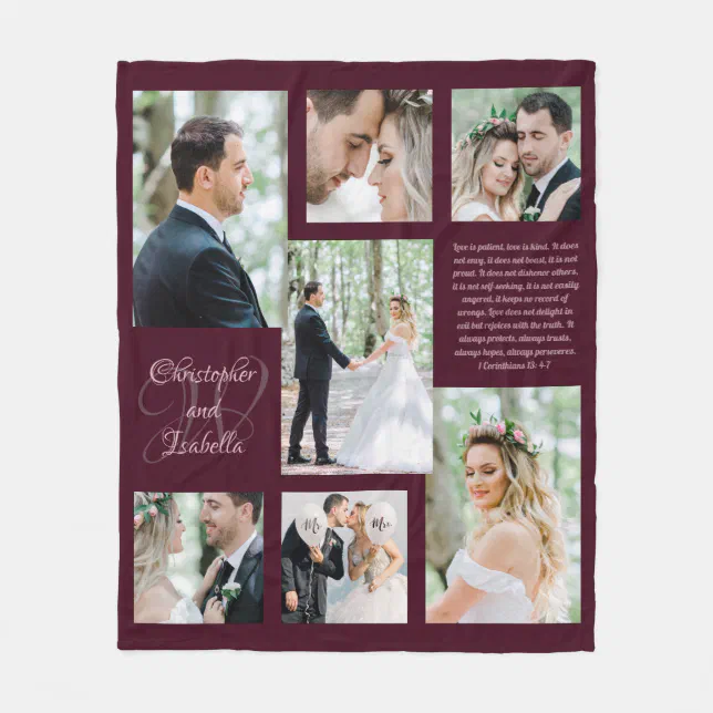 Modern Newlywed Photo Collage Names Monogram Text Fleece Blanket | Zazzle
