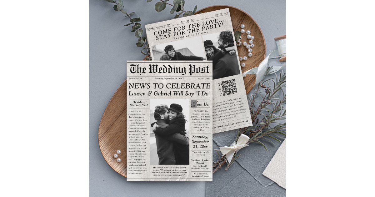Modern Newspaper Photo QR Code Wedding Invitation | Zazzle