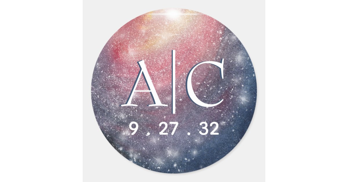 Modern Night Sky Galaxy Blue Purple Red Initials Classic Round Sticker ...
