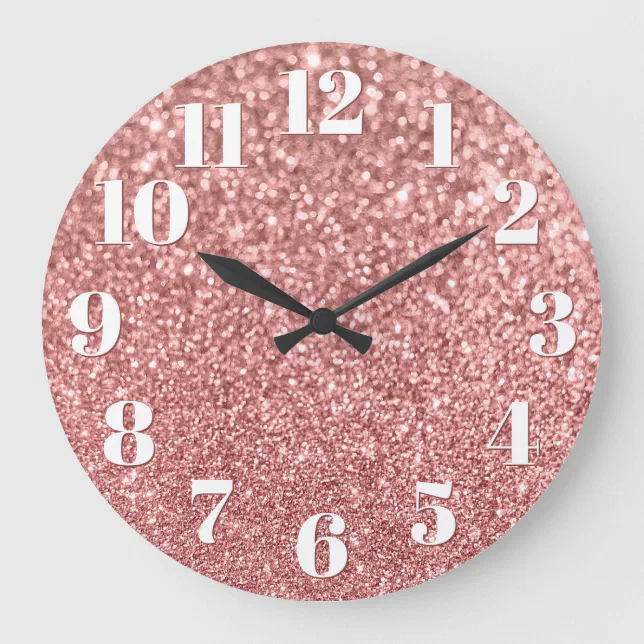 Modern Numbers Faux Sparkly Rose Gold Glitter Large Clock | Zazzle