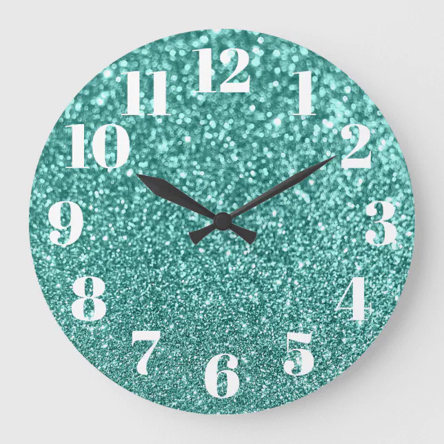 Modern Numbers Faux Sparkly Teal Glitter Photo Large Clock | Zazzle