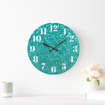 Modern Numbers Faux Sparkly Teal Glitter Photo Large Clock | Zazzle
