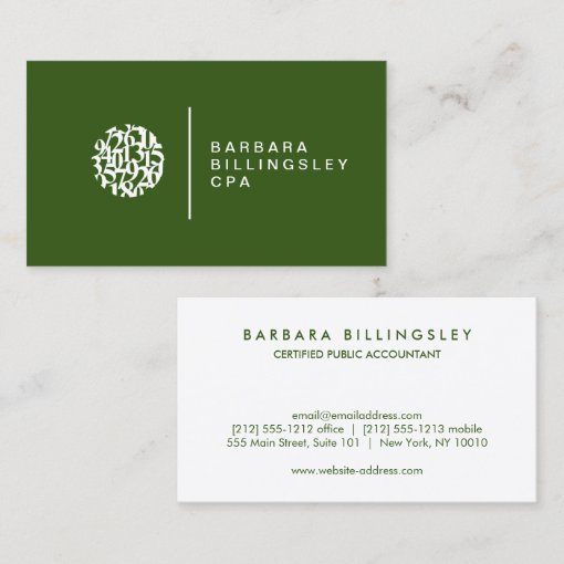 Modern Numbers Logo Accountant Dark Green Business Card | Zazzle