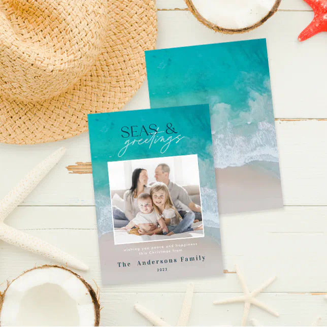 modern ocean beach family photo Holiday Card | Zazzle