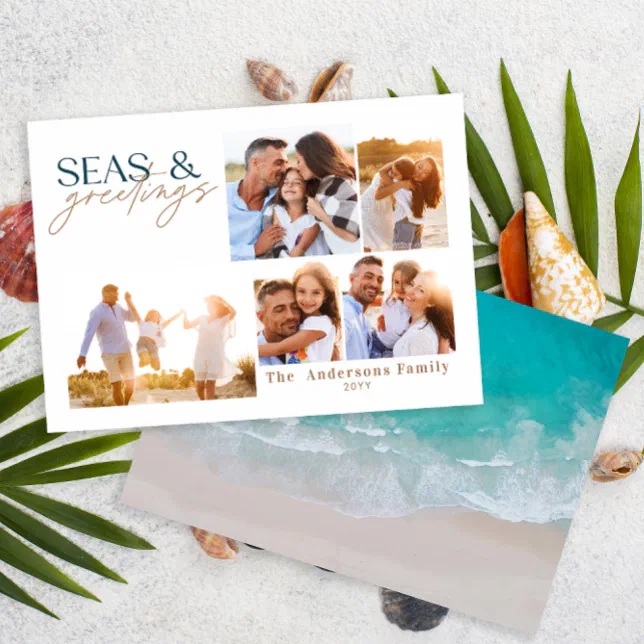 modern ocean beach multi photo christmas holiday card | Zazzle