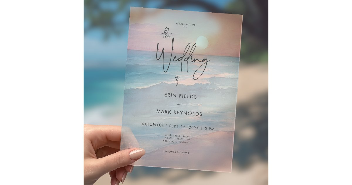 Modern Ocean Sunset Watercolor Beach Wedding Acrylic Invitations | Zazzle