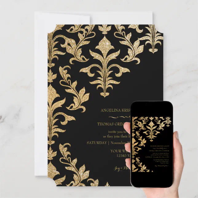 Modern Offset Damask Wedding Invitations Faux Gold | Zazzle